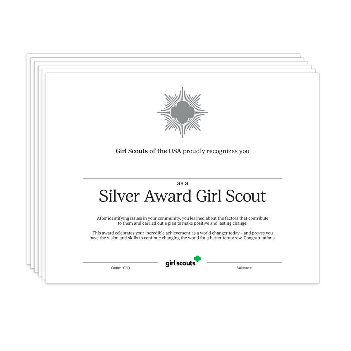 SILVER AWARD CERTIFICATE - Package of 12 – Overseas Girl Scout World Shop